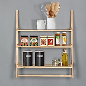 Homaterial 3-Tier Bathroom Towel Rack Shef Wall Mounted Wood Mount Shelf with Towel Bar Leaning Blanket Ladders Bathroom Storage Display Rack Shelf Holder, Natural