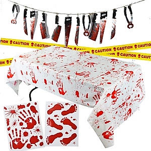 Spooktacular Creations Halloween Party Decoration Set, Including Bloody Tablecover, Weapon Garland, Bloody Clings and Caution Tapes, 5 Piece