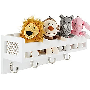 Satauko Coat Hooks Wall Mounted with Shelf, Entryway Hanging Shelf with 4 Metal Hooks, Wooden Floating Shelves for Kitchen Spice Rack Storage, White Wall Shelves Organizer for Bathroom, Bedroom.