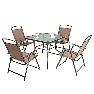 Crestlive Products 5 Piece Patio Dining Set with 4 Folding Chairs and Table Outdoor Dining Furniture with Square Glass Tabletop, Umbrella Hole for Bistro, Garden, Backyard, Deck (Brown)