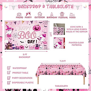 135 PCs Happy Boo Day Party Decorations, Fiesec Halloween Themed Pink and Black Birthday Party Decorations Backdrop Balloon Garland Spider Web Banner Tablecloth Cake Topper Little Ghost