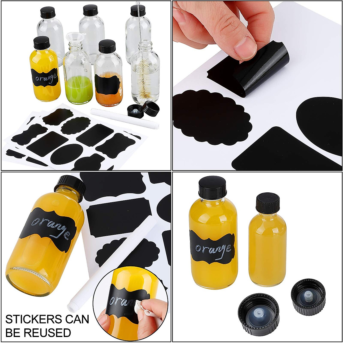 2oz Clear Glass Bottle with Poly Cone Cap, Boston Round Sample Glass Bottle for Potion, Juice, Ginger Shots, Oils, Whiskey, Liquids-48 Labels, 5 Funnels, 5 Droppers, 1 Brush & Chalk Marker-Pack of 40