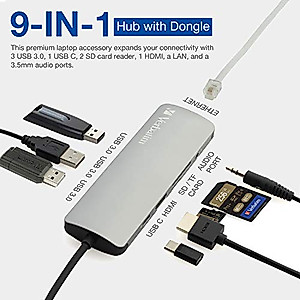 Verbatim 9-in-1 USB C Hub Adapter - 100W Power Delivery, USB 3.0, SD Card Readers, Gigabit LAN, 3.5mm Port for USB C Laptops