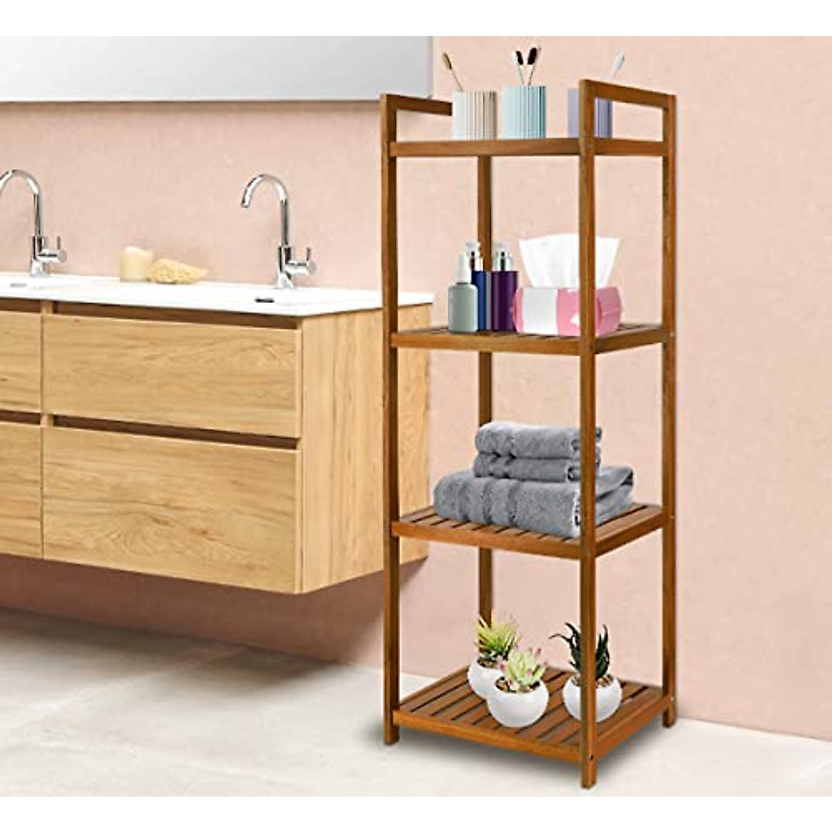 Utoplike Teak Wood Bathroom Shelf Organizer Stand, Standing Shelves Shower Caddy Units, Freestanding 4 Tier Bath Storage for Floor, Kitchen, Office