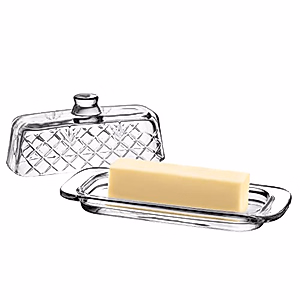 Royalty Art Glass Butter Dish with Lid, Single Stick Container with Handle Cover, Rustic Farmhouse or Vintage Boho Kitchen Accessory, Clear