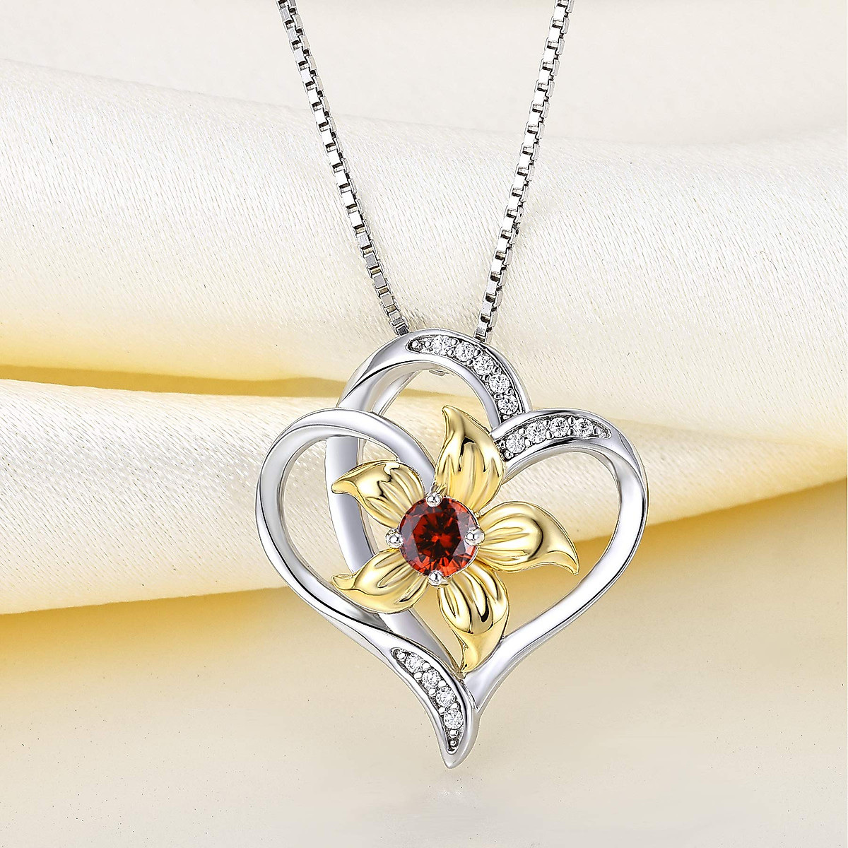 YL Women's Heart Necklace Sterling Silver Lily Flower Love Pendant 18k White Gold Created Garnet Jewelry