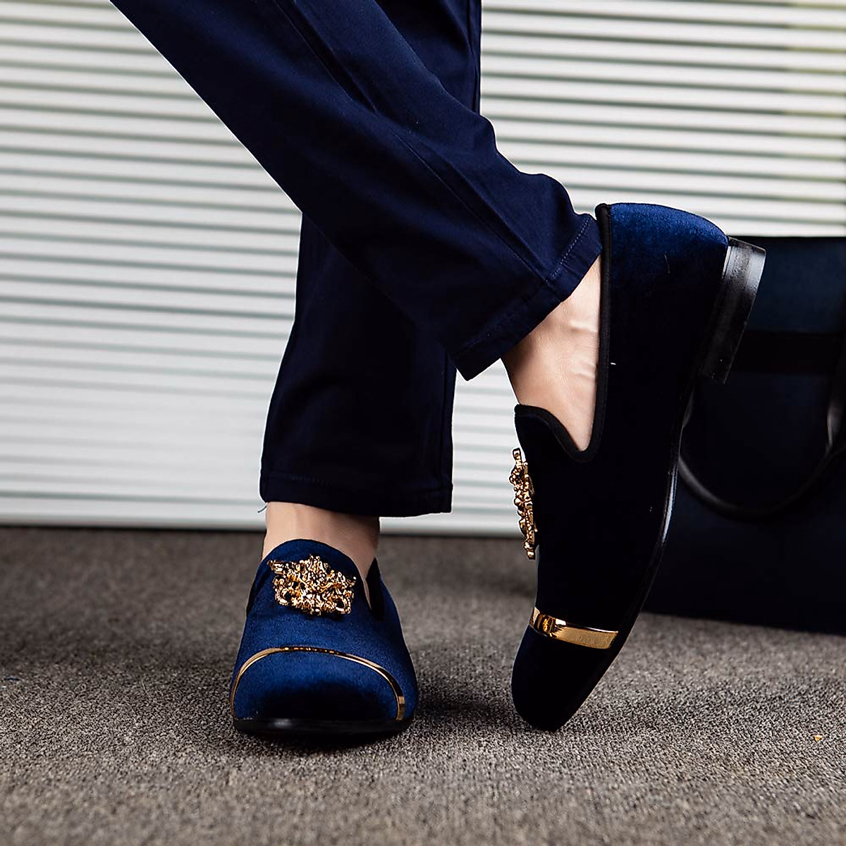 Men Genuine Leather Mens Metallic Textured Slip-on Glitter Loafers Shoes, Blue/02, 12 US