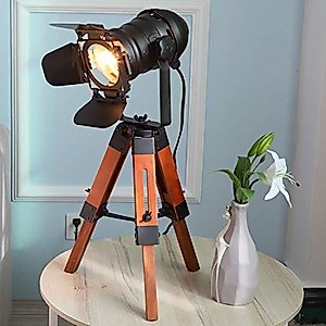 JUNOLUX Farmhouse Vintage Adjustable Cinema Tripod Wood Table Lamp - Nautical Industrial Black Retro Style Spotlights Searchlights Wooden Standing Lamp Cinema Movie Props-for Living Room Bedroom
