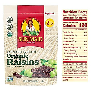 Sun-Maid Organic California Sun-Dried Raisins - 32 oz Resealable Bag - Organic Dried Fruit Snack for Lunches, Snacks, and Natural Sweeteners (Pack of 3)