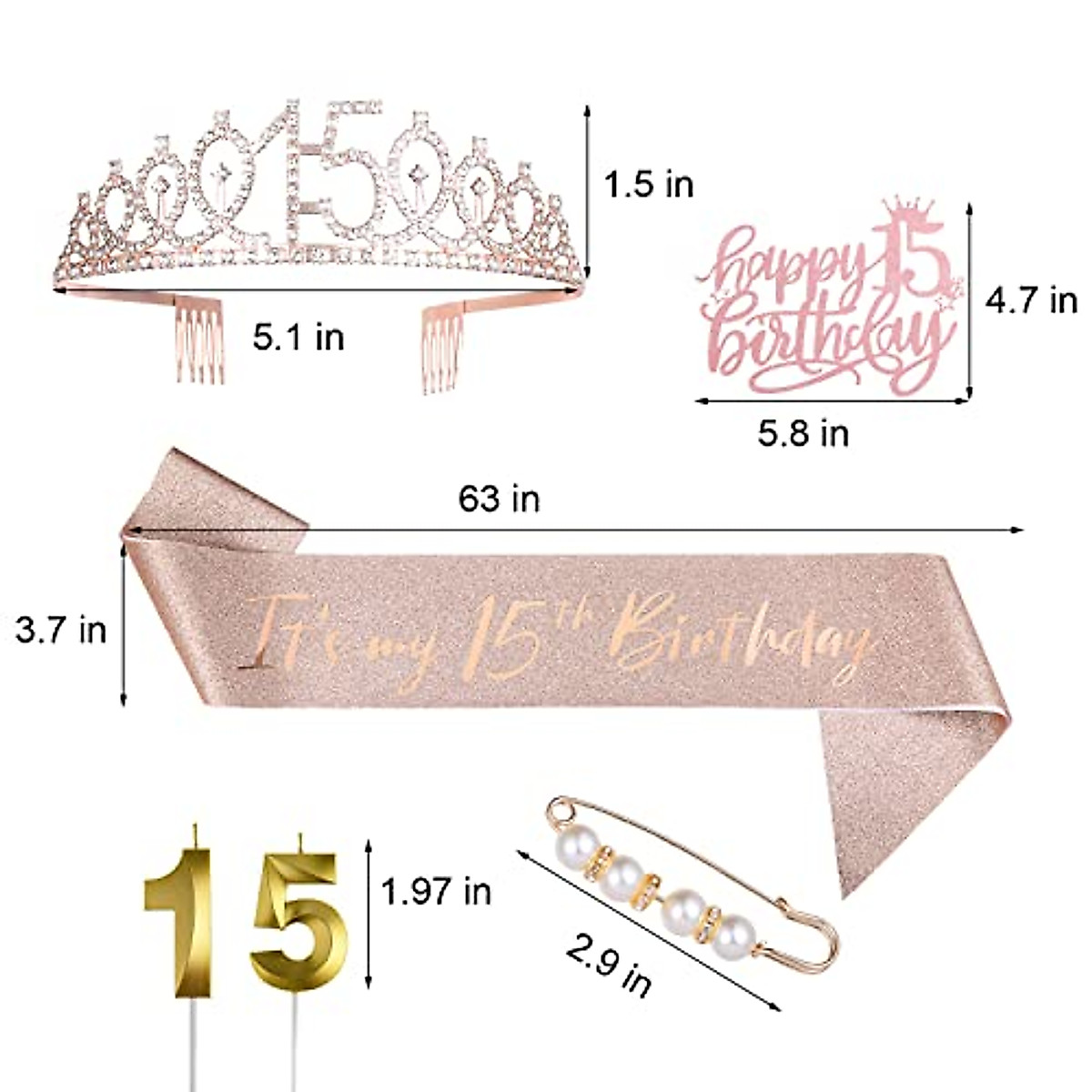 15th Birthday Decorations for Girls，Rose Gold 15 Birthday Crown Tiara ，Cake Topper, Birthday Sash with Peal Pin and Birthday Candles Kit,15th Birthday Gifts for Girls
