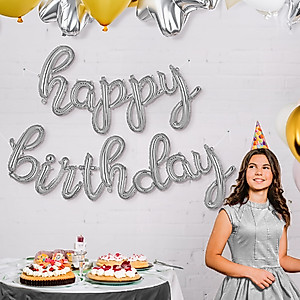 Silver Happy Birthday Balloons Banner | Script / Cursive Gold Letter Balloon Sign For Birthday Party Decor / Decoration | Foil Mylar Happy Birthday Banner (Silver)