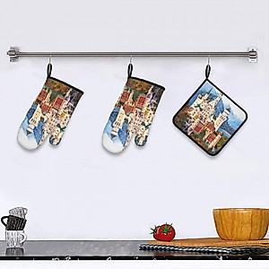 Swono Castle Painting Oven Mitts and Pot Holders Sets,Original Oil Painting of Famous Neuschwanstein Castle in Bavaria Kitchen Cooking Gloves Heat Resistant Baking for BBQ Grilling