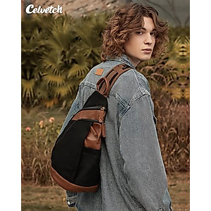 Celvetch Sling Bag for Men - Canvas Sling Backpack Mens Crossbody Bag Large Shoulder Bag for Hiking Travel - Black