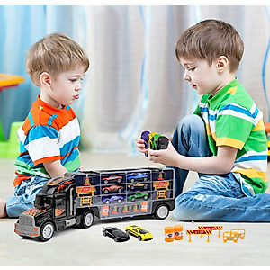 Click N' Play Truck Transport Carrier Toy for Boys and Girls, 15 Piece Hauler Truck with Cars, Road Signs, & More, Includes 28 Car Slots - Great Gift For Toddlers & Kids Age 3+, Black