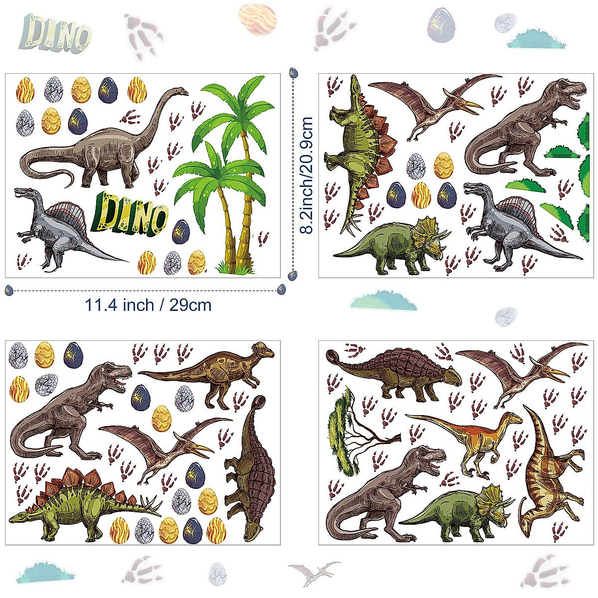 Zonon 114 Pcs/ 4 Sheet Glow in The Dark Dinosaurs Stickers for Waterproof Glowing Dinosaur Wall Decals Large Removable Glow Wall Decor for Boy Bedroom Ceiling Kid Nursery Playroom(Blue Glow)