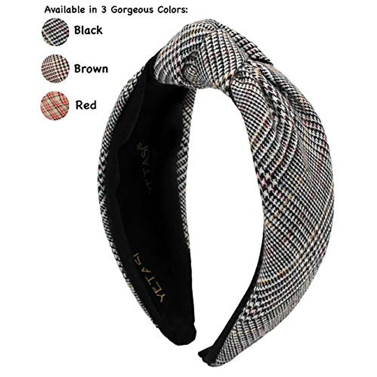 YETASI Headbands for Women are Trendy. Plaid Black Knotted Headband for Woman is a Designer Top Knot Head band Fashion