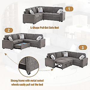 Pull Out Couch Sectional Sleeper Sofa L Shaped Convertible Sofa Bed with 2 USB Ports, 2 Power Sockets and 3 Pillows for Living Room, Bedroom, Office, 83" Brown