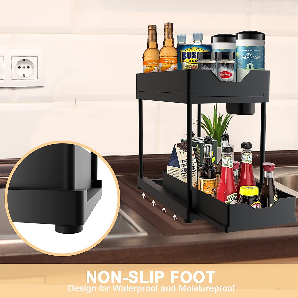 2-Tier Under Sink Organizer, Double Sliding Cabinet Storage Drawer, Storage Pull For Home Bathroom Kitchen Pantry Office, with 4 Hooks 2 Hanging Cups 4 Dividers 4 Non-Slip Feet