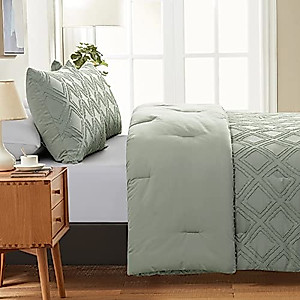 BEDHOURS Boho Comforter Set Queen,Sage Green Tufted Comforter Set,3 Pcs Shabby Chic Down Alternative Farmhouse Bedding Set Soft Lightweight Cooling Comforter for All Seasons