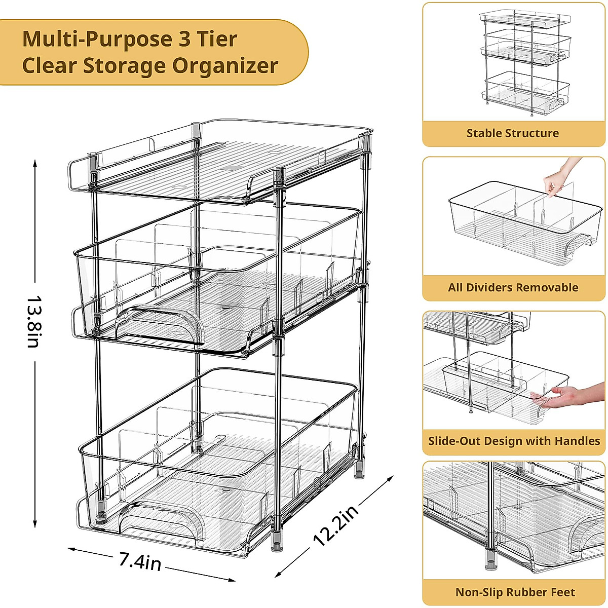 UINOFLE 3 Tier Clear Bathroom Organizers with Dividers, 3 Tier Under Sink Organizer Multi-Purpose Pull Out Cabinet Organizer for Bathroom Kitchen Pantry Storage, Medicine Cabinet Organizer