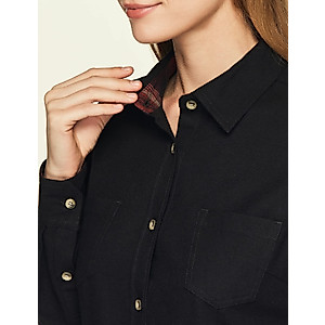 CQR Women's Plaid Flannel Shirt Long Sleeve, All-Cotton Soft Brushed Casual Button Down Shirts, Flannel Plaid Shirts Solid Black, Large