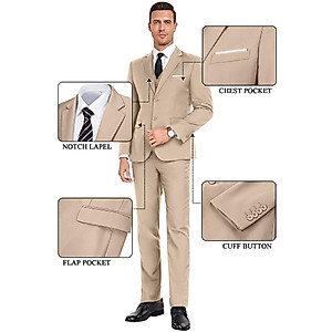 Suits for Men 3-Piece Slim Fit Business Suit Prom Tuxedo, Two Button Wedding Blazer Vest Pants Set Champagne-XL