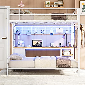 DICTAC Full Over Twin Size Bunk Bed with Desk and Led Lights Metal Loft Bed Frame with Charging Station,Storage Shelves and Drawers for Teen & Adults,Safety Guard & Ladder,No Box Spring Needed,White