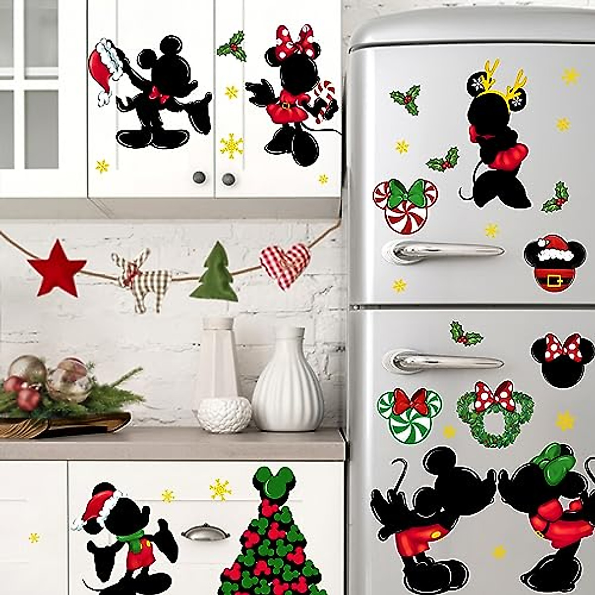 Yovkky 88 PCS Merry Christmas Window Clings, 2024 New Year Christmas Mouse Xmas Tree Green Red Stickers Decals Decor, Peppermint Candy Wreath Winter Snowflakes Holiday Party Home Kitchen Decorations
