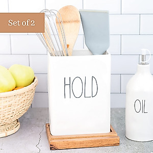 Rae Dunn Kitchen Utensil Organizer with Wooden Tray, Cute Organizer for Kitchen Countertop with Phone or Tablet Holder, Handcrafted Ceramic Utensil Holder, 2-Piece Set