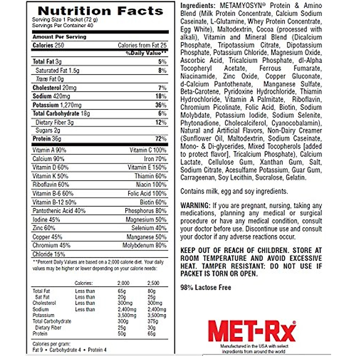 MET-Rx Meal Replacement Powder Boxed, Extreme Chocolate, 2.54 Oz, Pack of 40