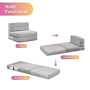 Mixoy Folding Sofa Mattress, Tri Fold Sofa Chair Bed 6.3”,Upholstered Guest Chaise,Floor Couch Sleeper,Folding Futon Sofa Bed Lounge Chaise for Guests,Living Room and Bedroom(Twin Size, Light Grey)