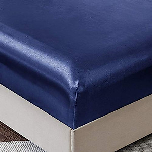 Cotton Home Depot Ultra Soft Silky Satin 4 Piece Sheet Set ( Flat Sheet + Fitted Sheet 16" Deep Pocket + 2 Pillow Cases ) Navy Blue Oversized Queen
