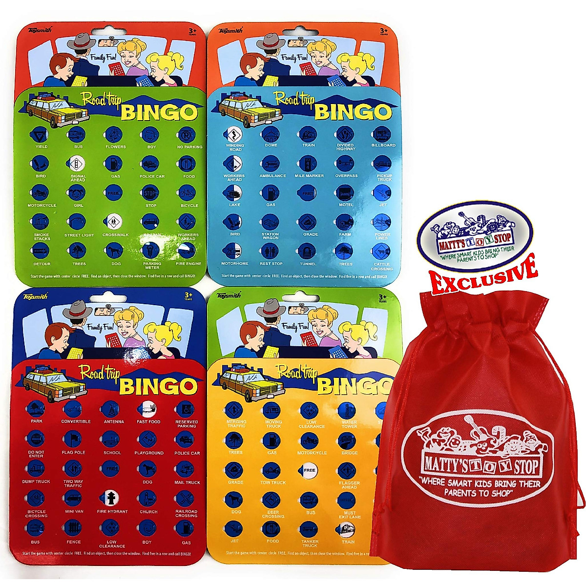 Toysmith Road Trip Bingo Cards Red, Blue, Green & Orange Gift Set Travel Bundle with Bonus Matty's Toy Stop Storage Bag - 4 Pack