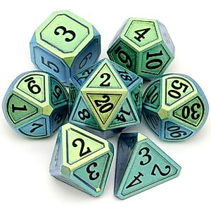 Haxtec Chameleon Metal DND Dice Set Color Changing D&D Polyhedral Dice for Dungeons and Dragons Gifts TTRPG-Light Army Green Blue Shift Black Numbers