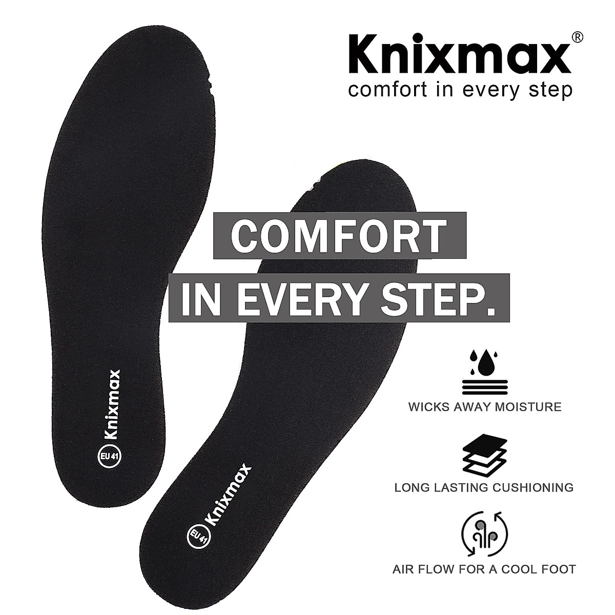 Knixmax Memory Foam Insoles for Men Women, Super Soft Shoe Inserts for Sneakers Slippers Boots Liners Replacement Inner Soles, Cushioned Flat Shoe Pads Black EU 43