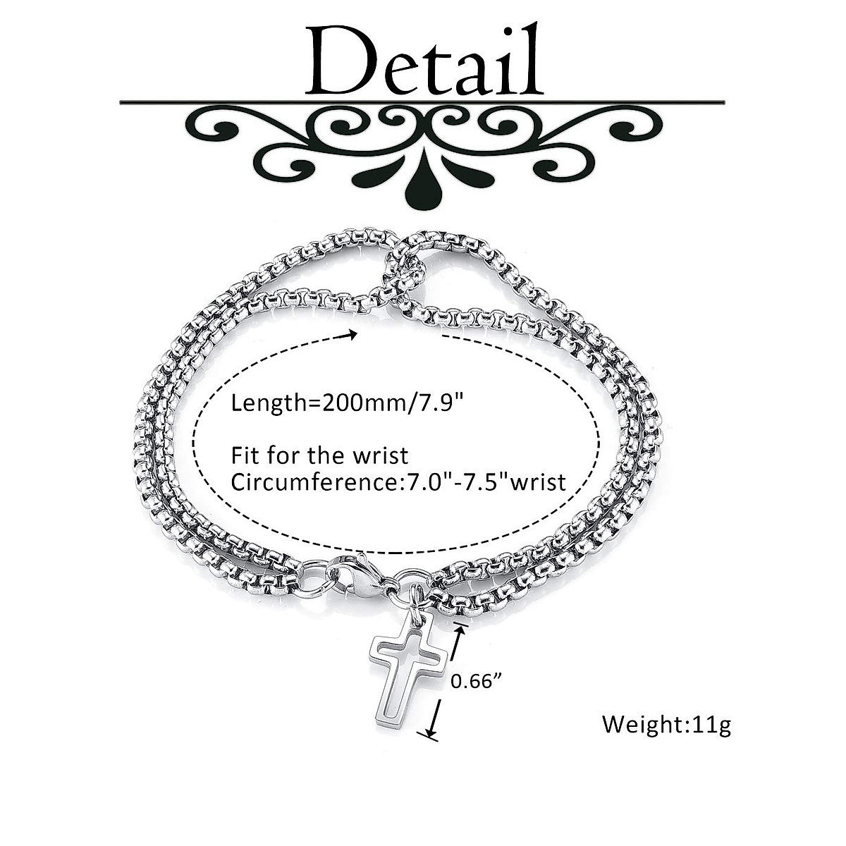 BOPREINA Double Strand Rolo Chain Bracelet with Cross Charm Stainless Steel Cross Dangle Pendant Cable Chain Link Bracelet for Men Women