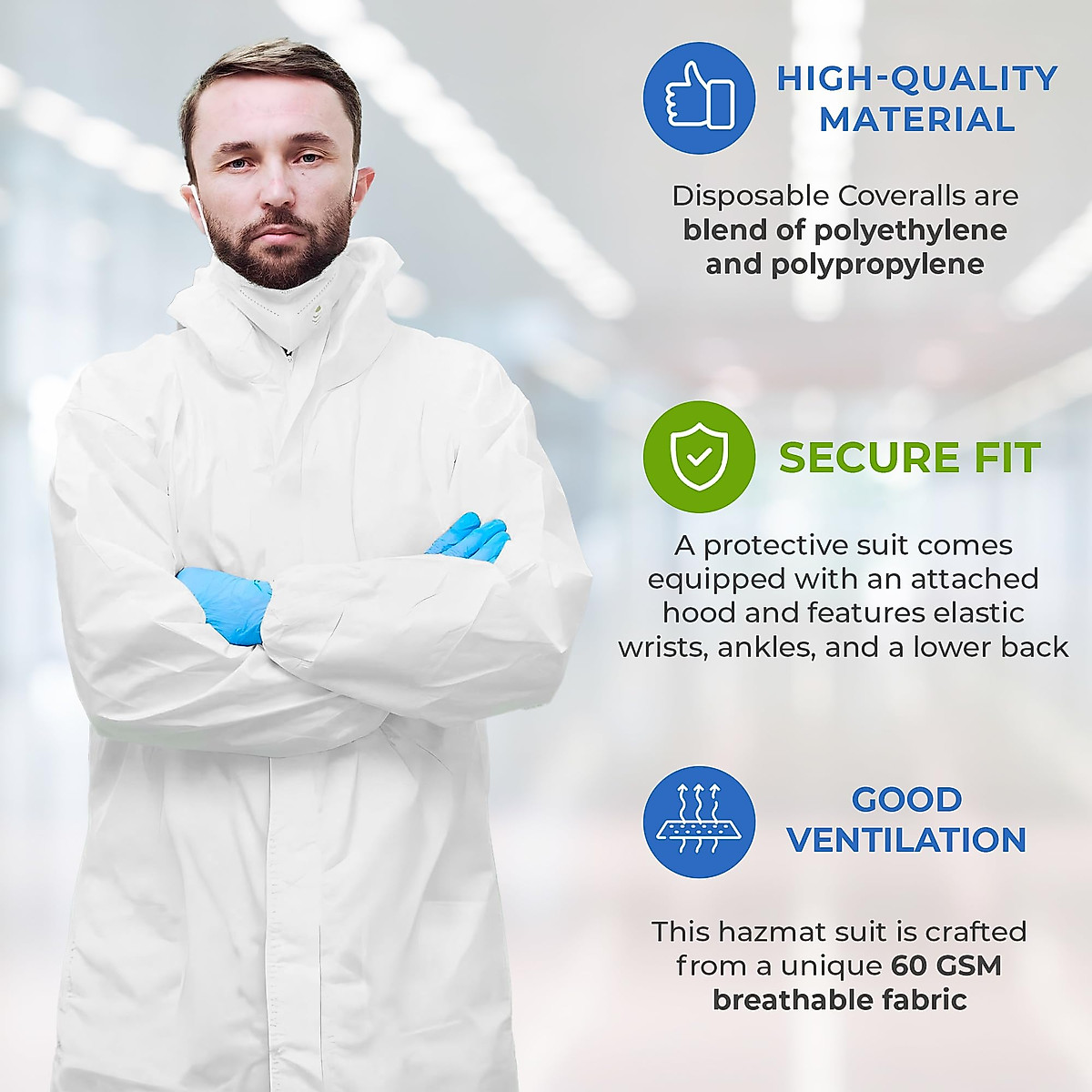 AMZ Disposable Coveralls with Hood, 3X-Large. Pack of 5 White Microporous Lab Coveralls Disposable. 60 GSM Painters Suit Disposable with Storm Flap Zipper Cover. Painters Suit Disposable. Hazmat Suit