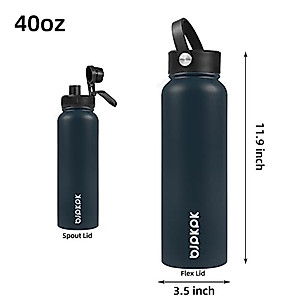 BJPKPK Insulated Water Bottles with Straw Lid, 40oz Stainless Steel Water Bottles with 3 Lids, Large Metal Water Bottle, BPA Free Leakproof Thermos Water Bottle for School, Sports & Gym- Navy Blue