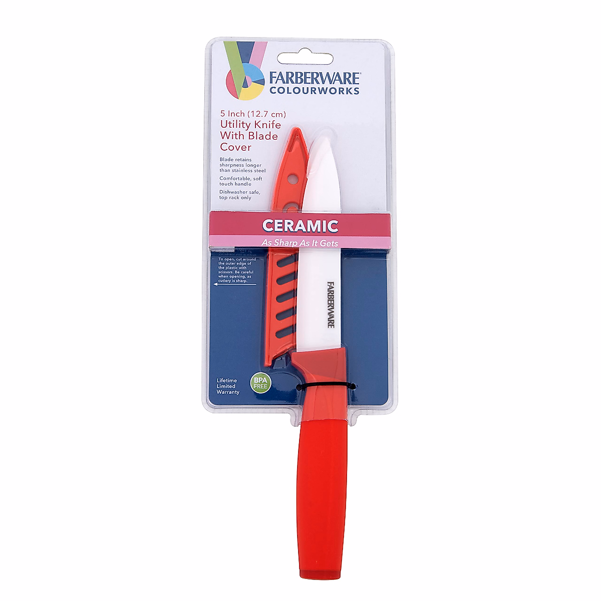 Farberware Ceramic 5-inch Utility Knife with Custom-Fit Blade Cover, Razor-Sharp Kitchen Knife with Ergonomic, Soft-Grip Handle, Dishwasher-Safe, 5-inch, Red