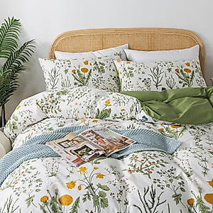Zusbest Floral Duvet Cover Queen 100% Percale Cotton Botanical Garden Flower Printed Bedding Reversible Green Yellow Leaves Pattern Comforter Covers French Country Bedding Soft 3Pcs-Not Comforter