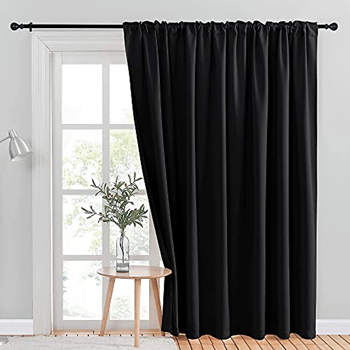 NICETOWN Sliding Glass Door Wide Curtain, Window Treatments for Patio Doors, Back Tab & Rod Pocket Thermal Insulated Blackout Curtains for decoration, Vertical Blind (Black, 100 by 84-inches, 1 Panel)