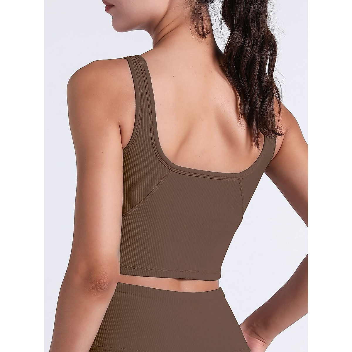 FelFory Longline Sports Bra Tank Top Bra Top for Women Seamless Sports Bra Workout Tops Padded Crop Top Fitness Yoga Tank Ribbed Sports Bra Cacao Medium