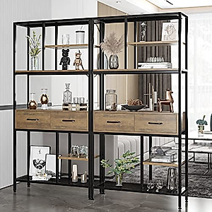 HITHOS Bookshelf, Tall Bookcase with 2 Drawers and Storage Shelves, Industrial Etagere Bookcase Book Shelves for Office, Living Room, Rustic Brown