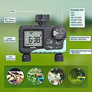 RAINPOINT Sprinkler Timer 2 Outlet, Water Timer for Garden Hose, Programmable Drip Irrigation Timer for Yard Outdoor Watering, Rain Delay/Manual/Automatic System Controller 2.5" LCD, V2, 2023 Release