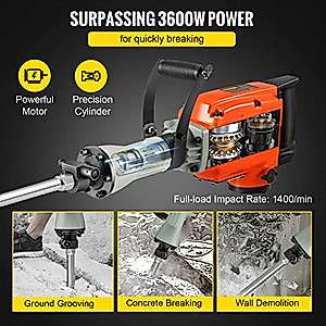VEVOR Demolition Jack Hammer 3600W Concrete Breaker 1400 BPM Heavy Duty Electric 4pcs Chisels Bit w/Gloves & 360°Swiveling Front Handle for Trenching, Chipping, Breaking Holes