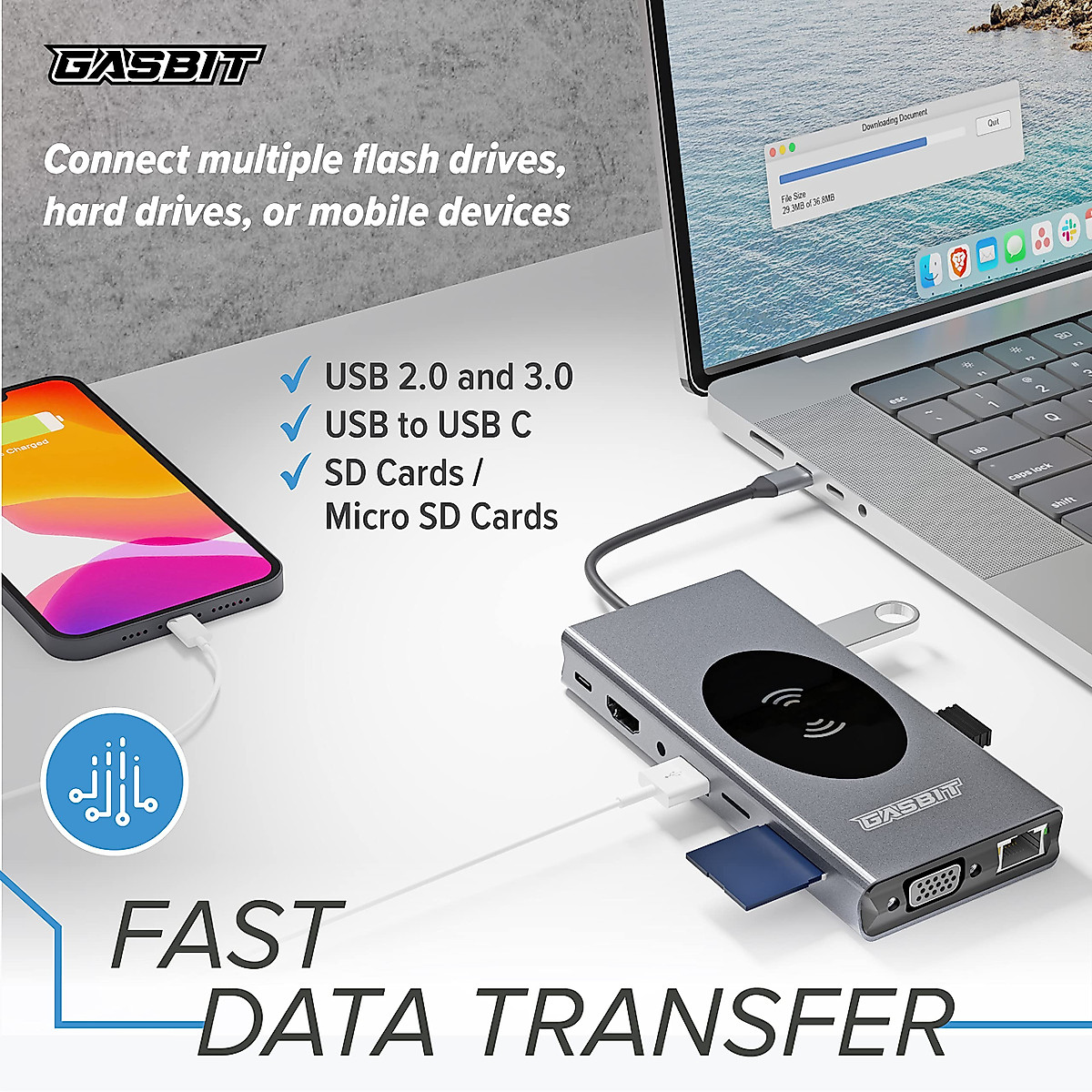 Docking Station USB-C Dual Monitor 15 in 1 for MacBook Pro/Air/Dell/Lenovo/HP. with Wireless Phone Charger. Dongle to 4K HDMI. VGA, SD/Micro SD Card Reader. Ethernet. 1 USB-C-PD. Audio Jack.