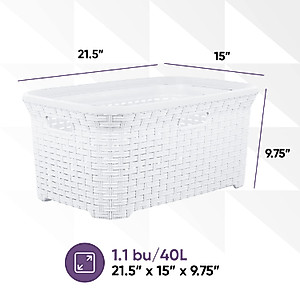 Superio Wicker Style Laundry Basket with Cutout Handles 50 Liter White Easy Storage Dirty Clothes in Washroom, Bathroom, or Bedroom