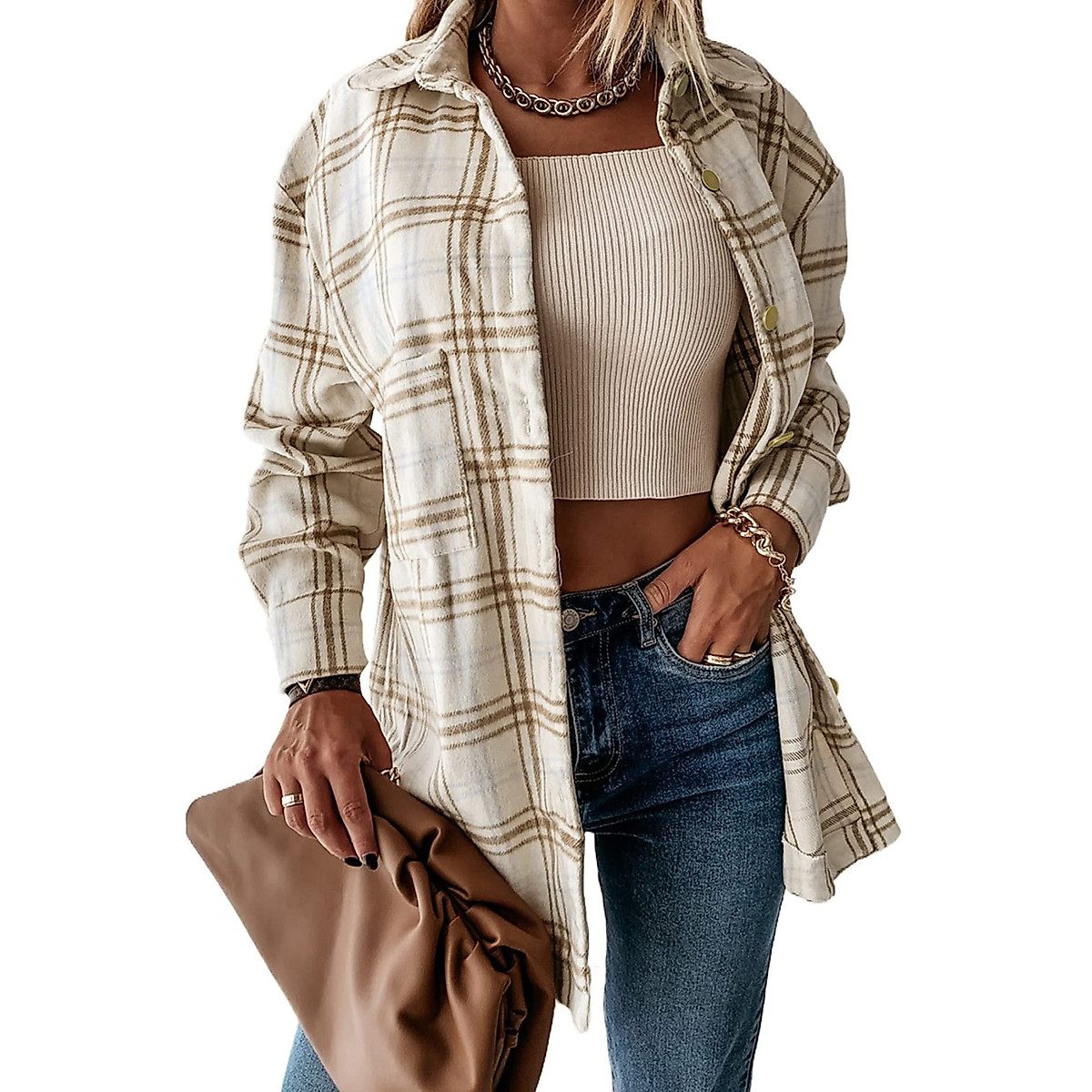 PRETTYGARDEN Women's Fall Clothes Plaid Shacket Jacket Trendy Casual Long Sleeve Button Down Flannel Shirts Fashion Blouse(Plaid Khaki,Medium)