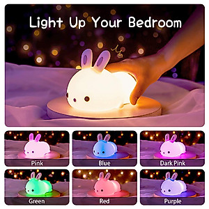 Cute Bunny Kids Night Light, Bunny Light Cute Lamp Battery Operated Nursery Toddler Night Lights for Girls Kids Babies - Portable Squishy Color Changing Birthday Christmas Gift Nightlight for Children