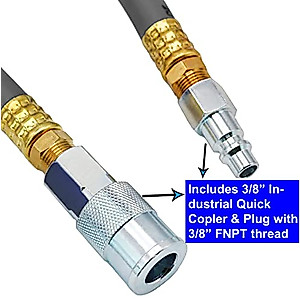 YOTOO Hybrid Air Hose 1/2-Inch I.D. by 50-Feet Long 3/8 inch MNPT Solid Brass Fittings 300 PSI Heavy Duty, Lightweight, Kink Resistant with 3/8" and 1/4" Industrial Quick Coupler Connectors, Gray